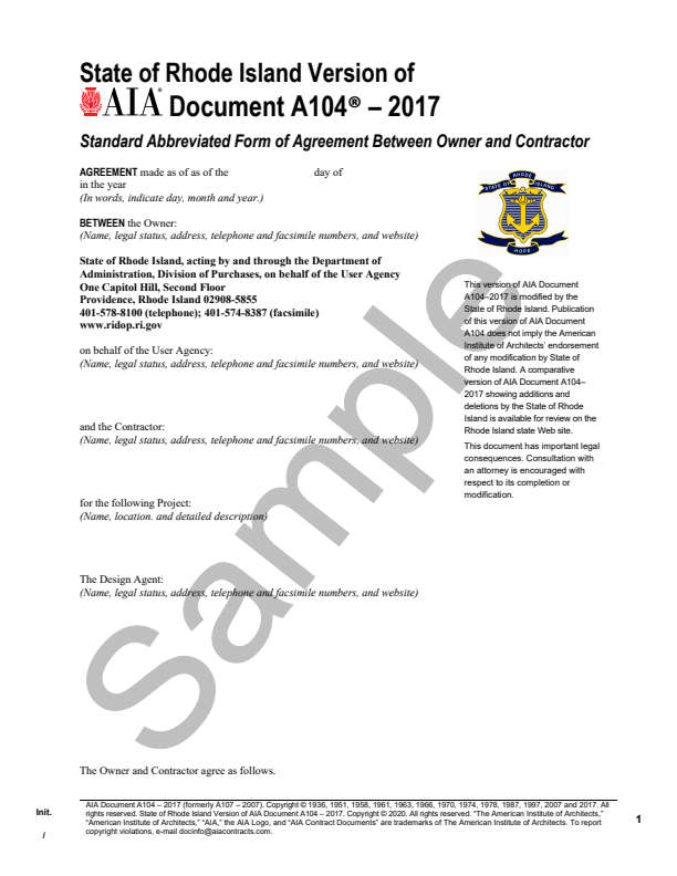 A104-2017 RI, State of Rhode Island Version of AIA Document A104™–2017 ...