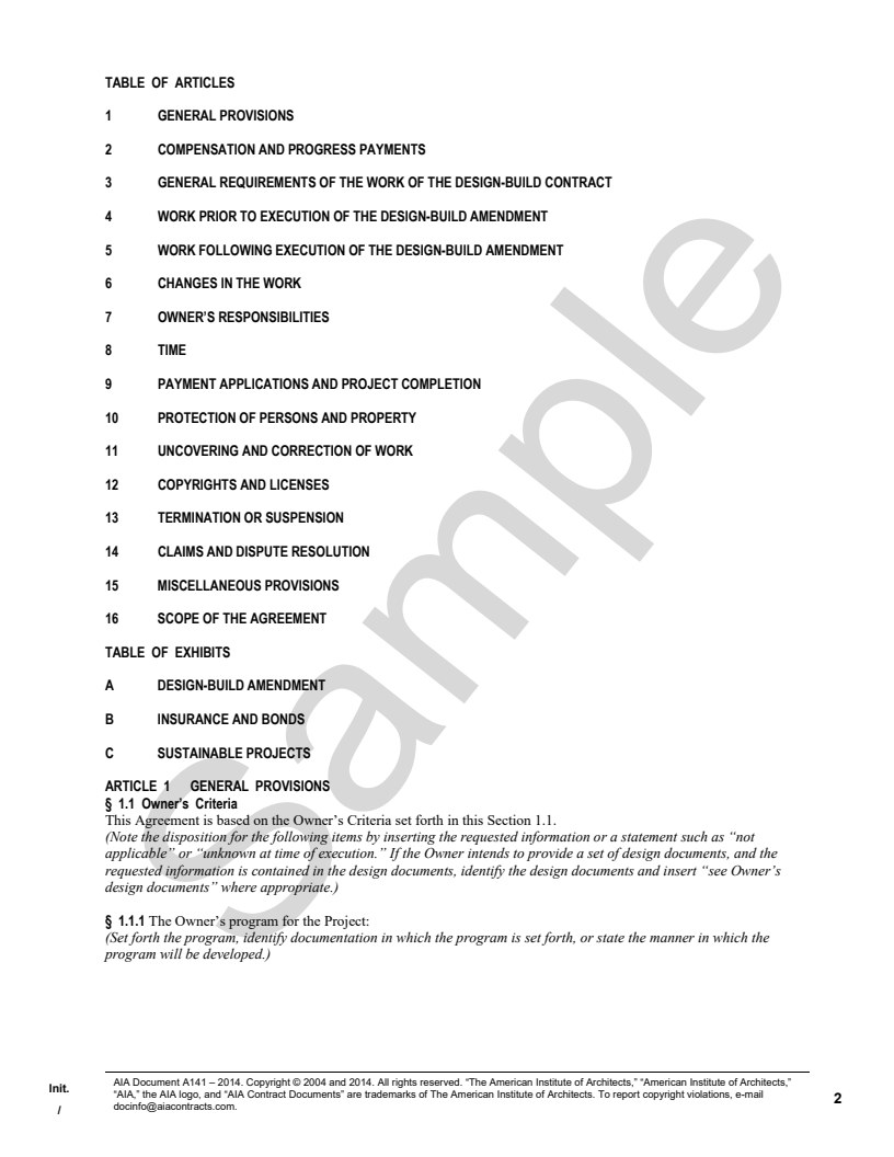 A141– 2014 Owner-Design-Builder Agreement