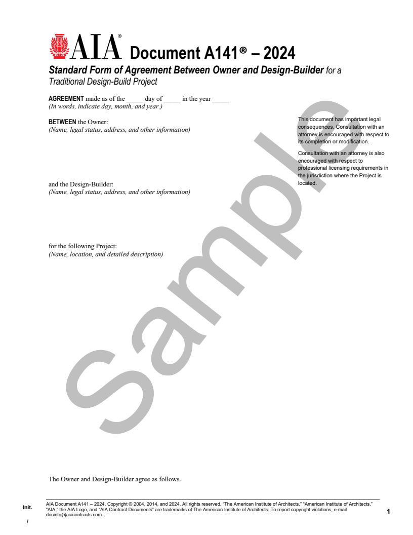 A141-2024 Standard Form of Agreement Between Owner and Design-Builder ...