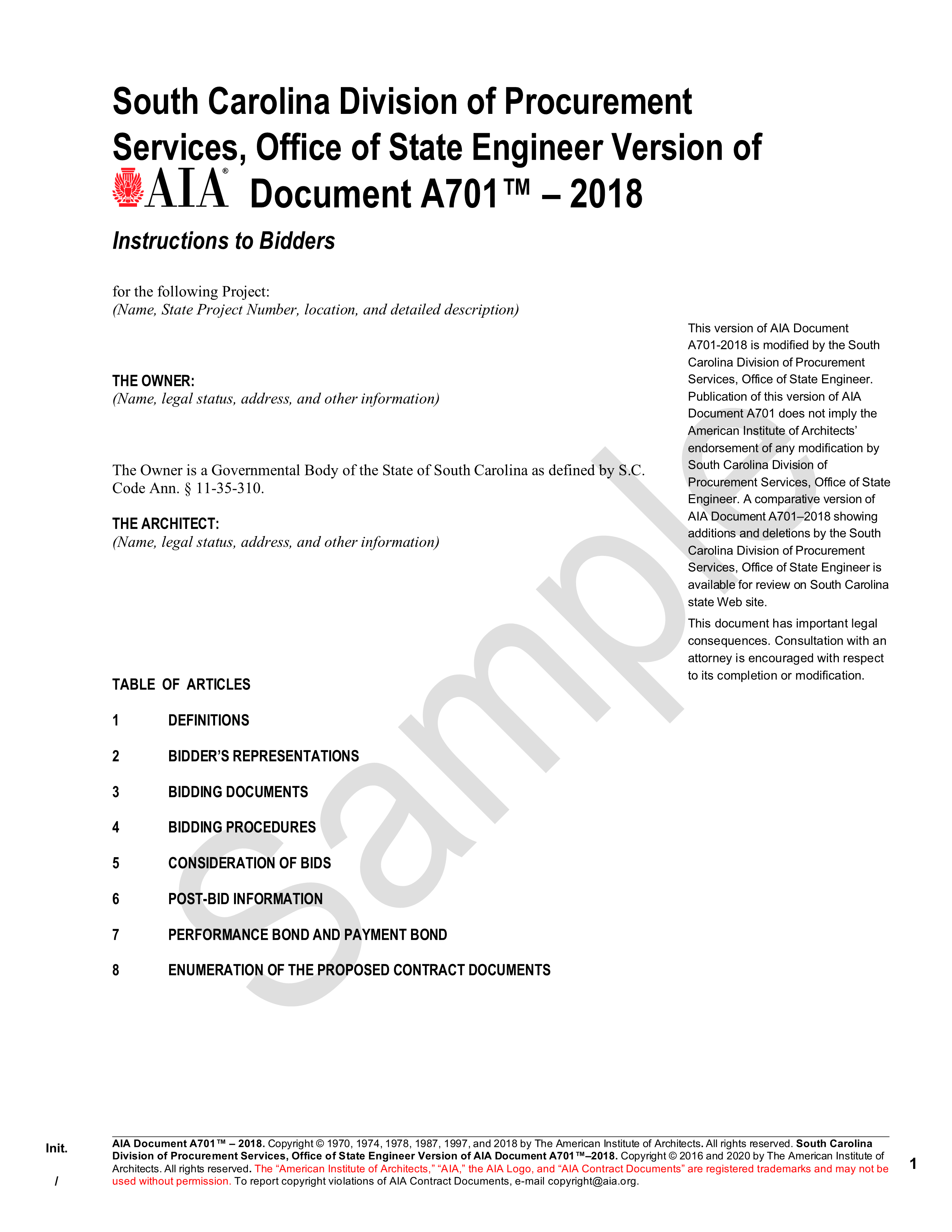 South Carolina Office of State Engineer Version of AIA Document A701 ...