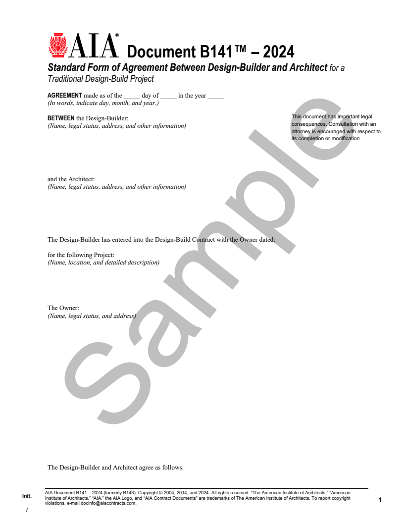 B141-2024 Standard Form of Agreement Between Design-Builder and Architect for a Traditional ...