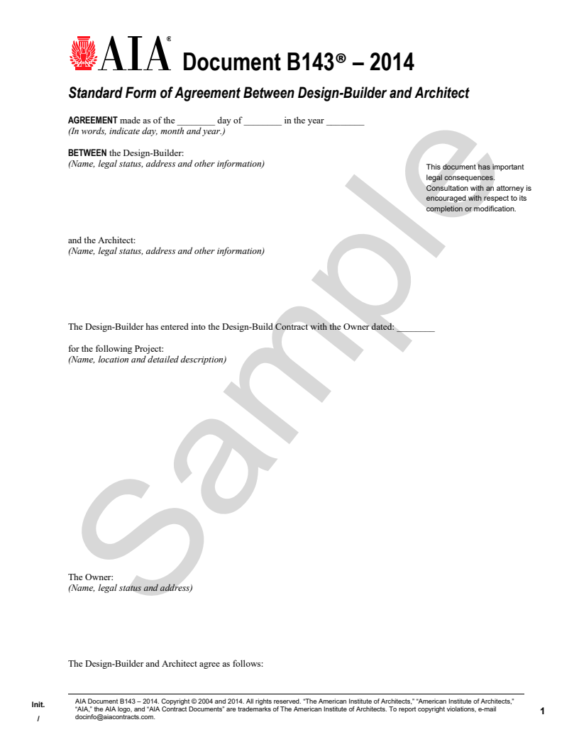B143-2014 Design-Builder-Architect Agreement