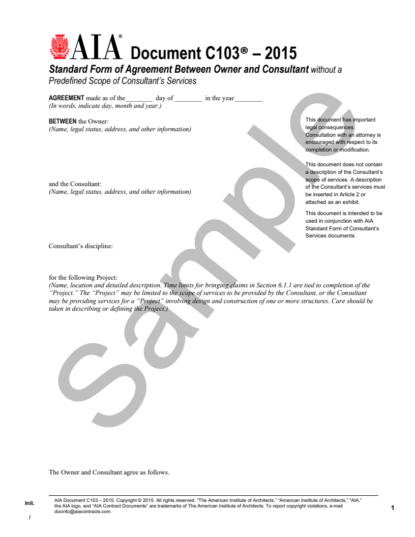 C103-2015 Standard Form of Agreement Between Owner and Consultant ...