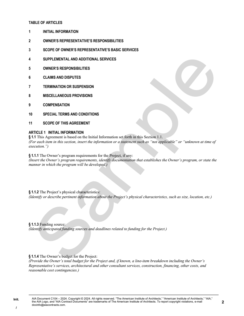 C104–2024, Standard Form of Agreement Between Owner and Owner’s Representative