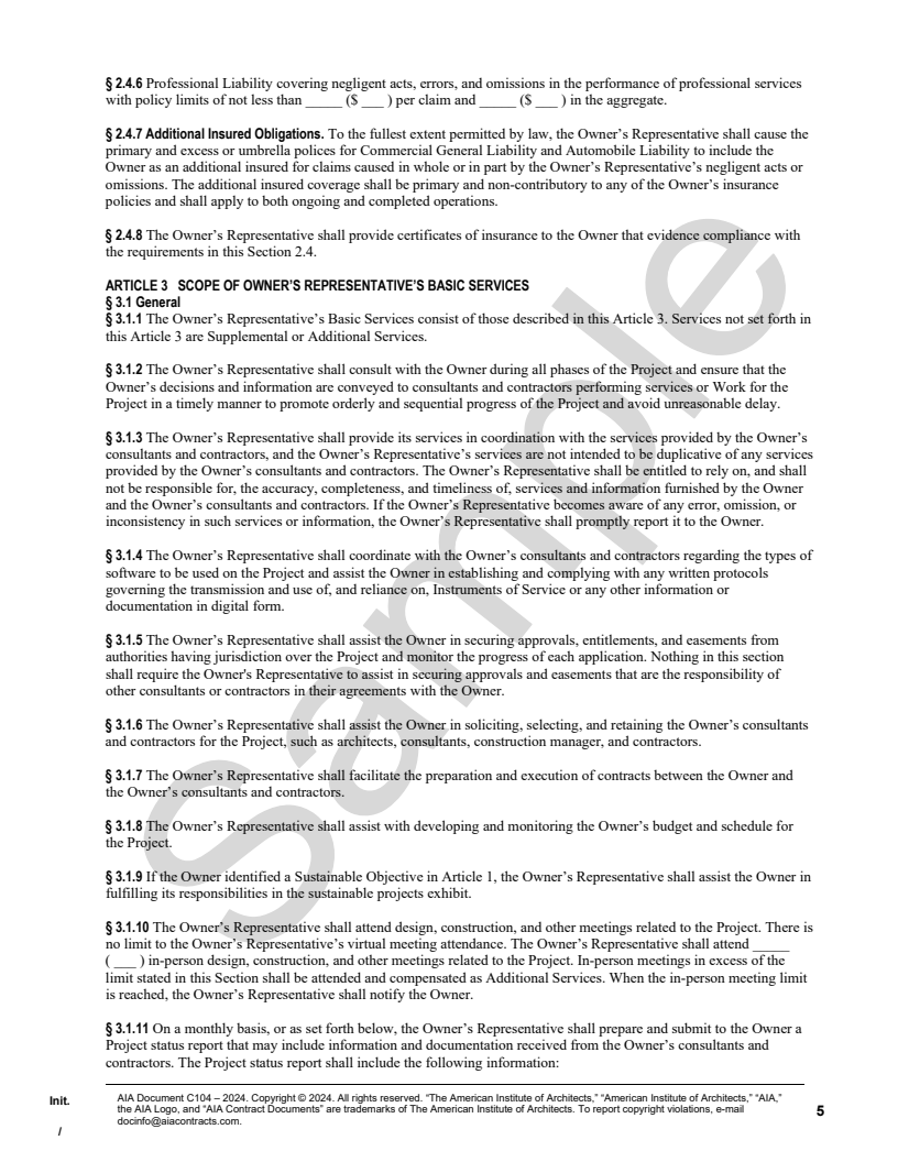 C104–2024, Standard Form of Agreement Between Owner and Owner’s Representative