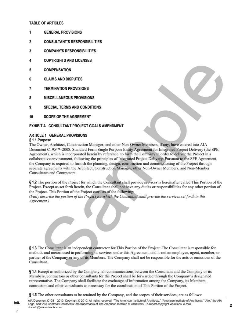 C198- 2010 Single Purpose Entity-Consultant Agreement