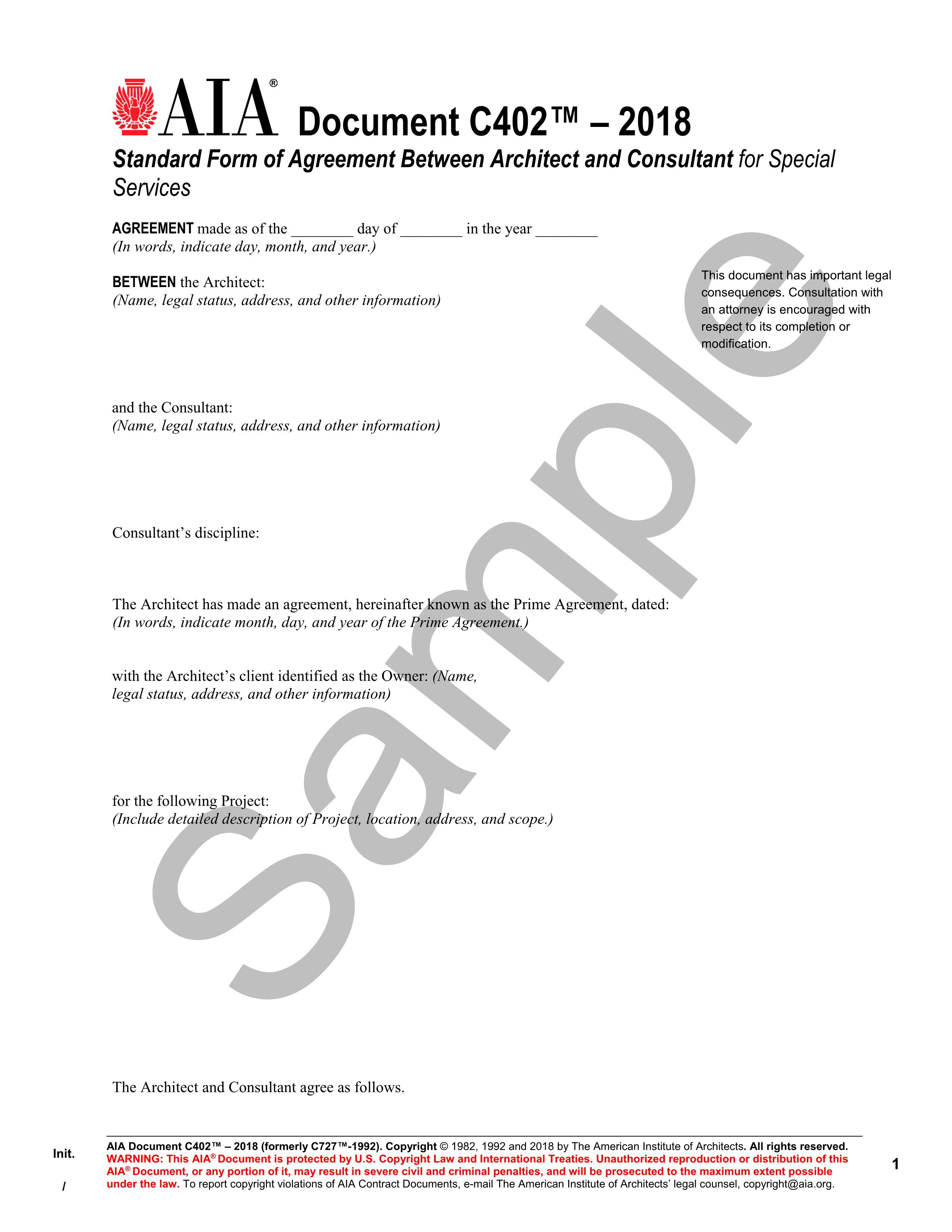 C402–2018 Architect/Consultant agreement for Special Services