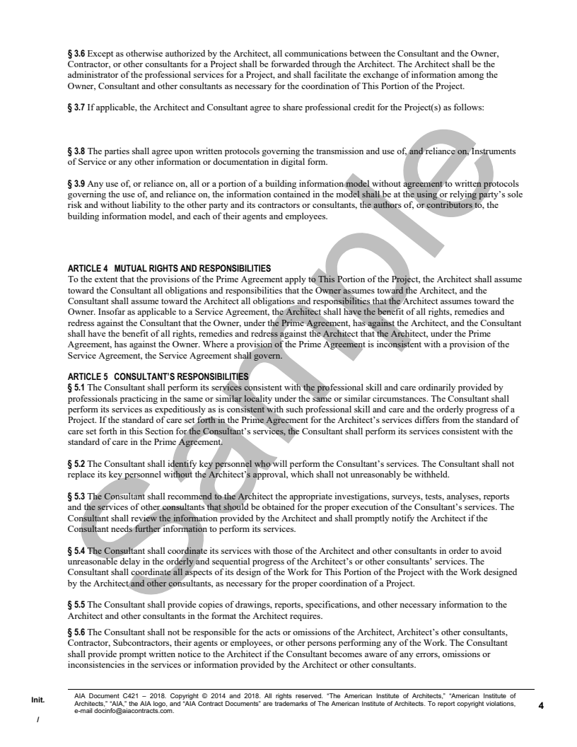 C421–2018 Architect/Consultant Master Agreement