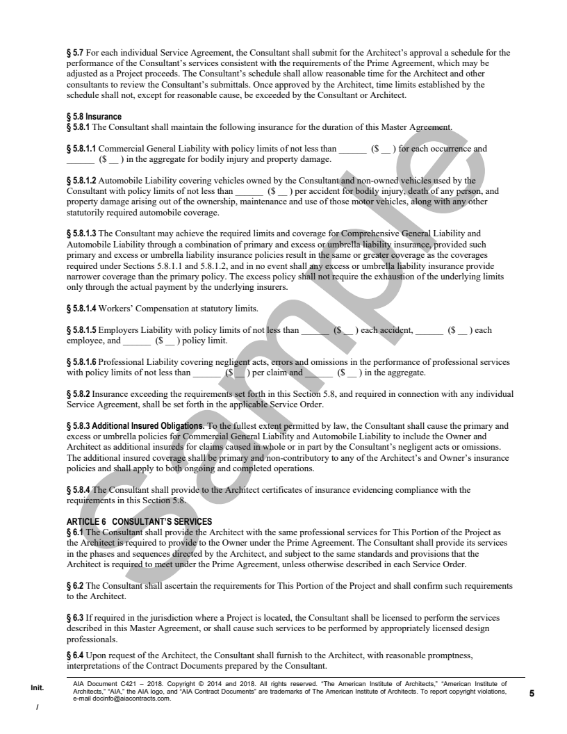 C421–2018 Architect/Consultant Master Agreement