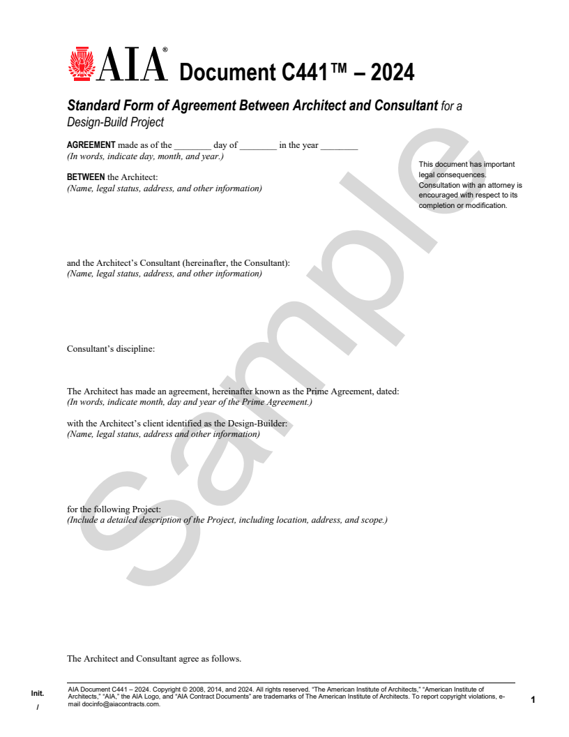 C441-2024 Standard Form of Agreement Between Architect and Consultant ...