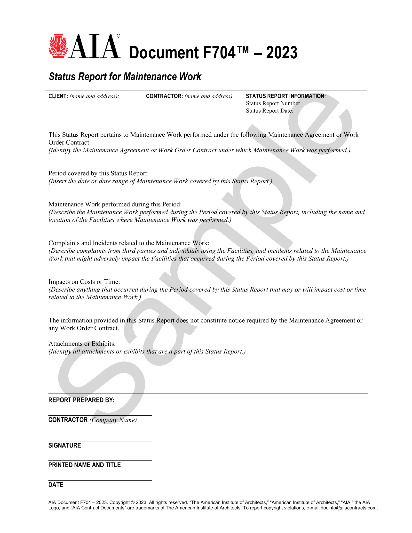 F704–2023 Status Report for Maintenance Work