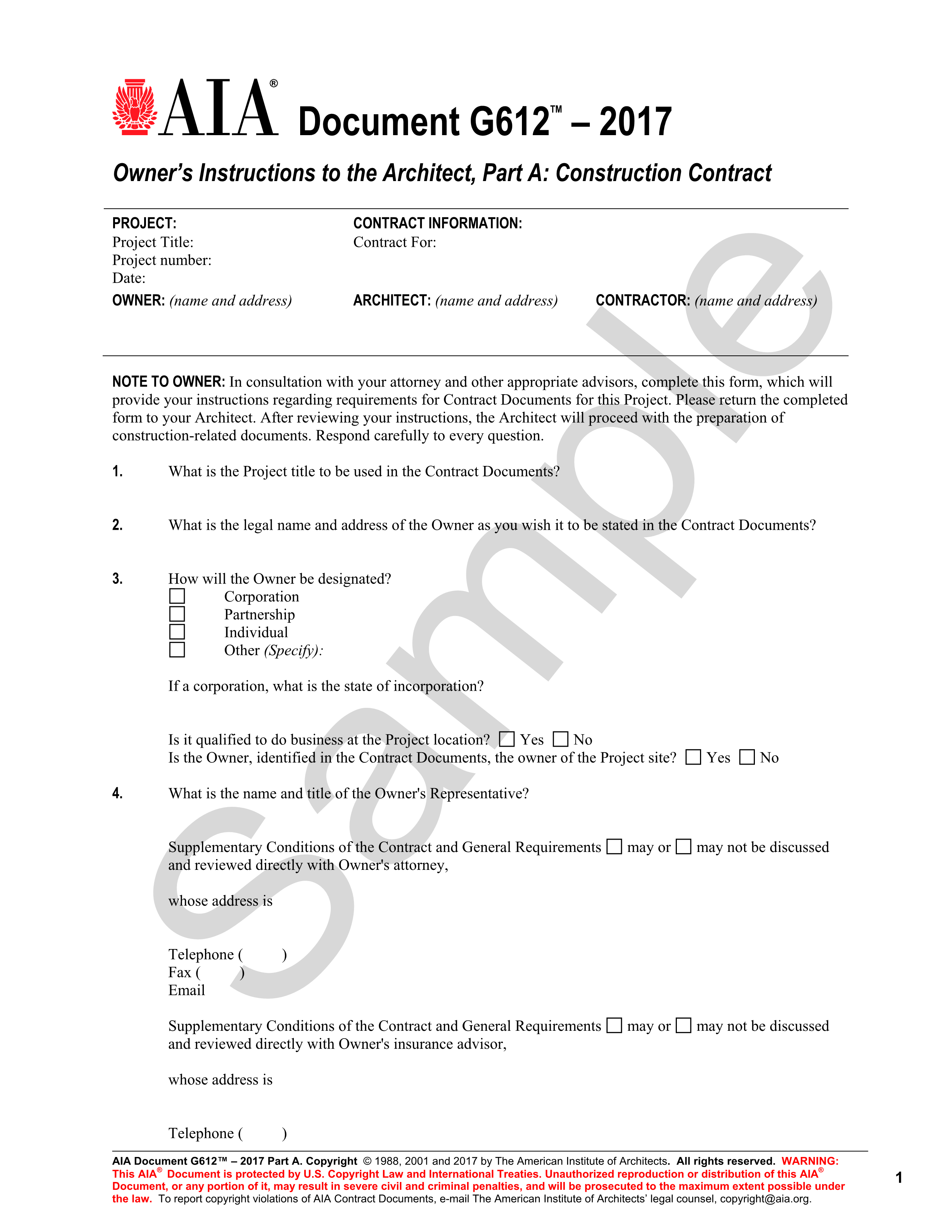G612–2017 Owner’s Instructions to the Architect Part A - Construction ...