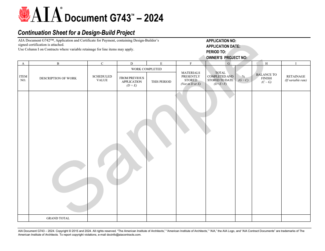 G743-2024 Continuation Sheet for Design-Build Projects
