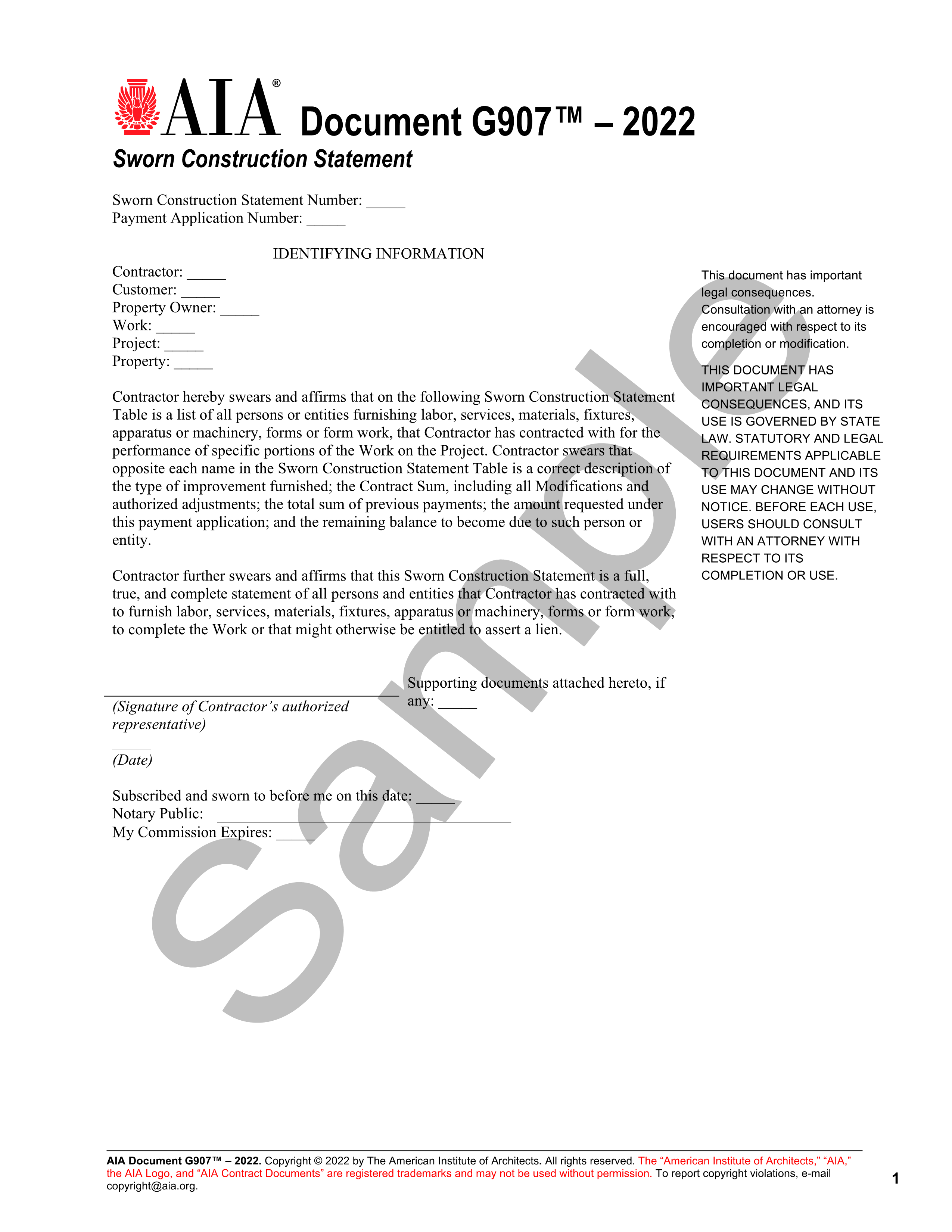 G907-2022 Generic Sworn Construction Statement