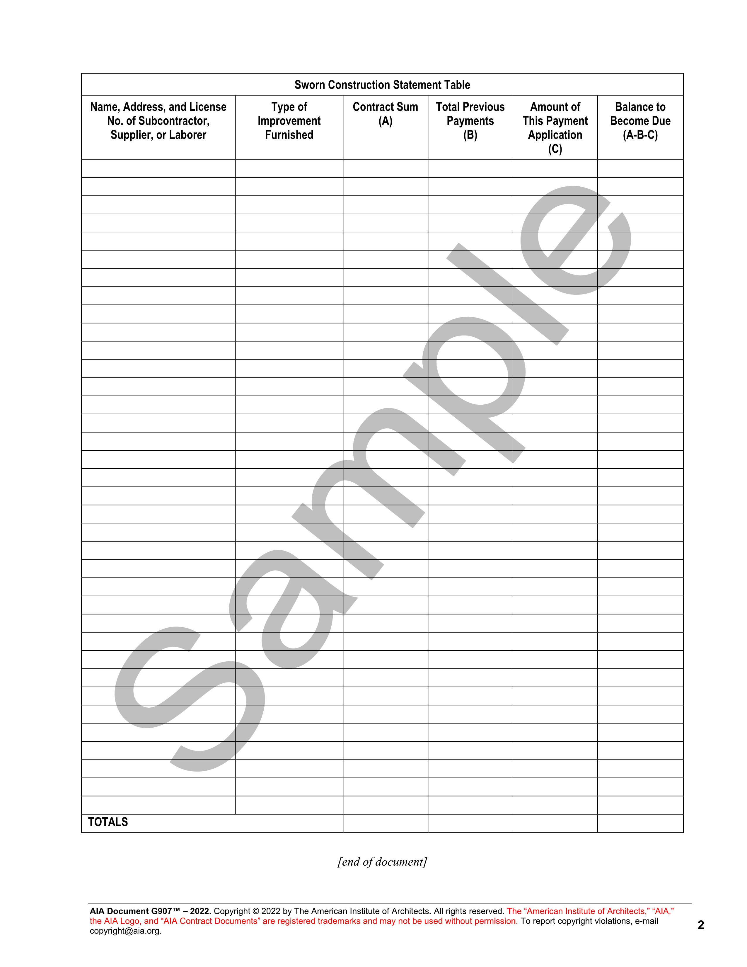 G907-2022 Generic Sworn Construction Statement