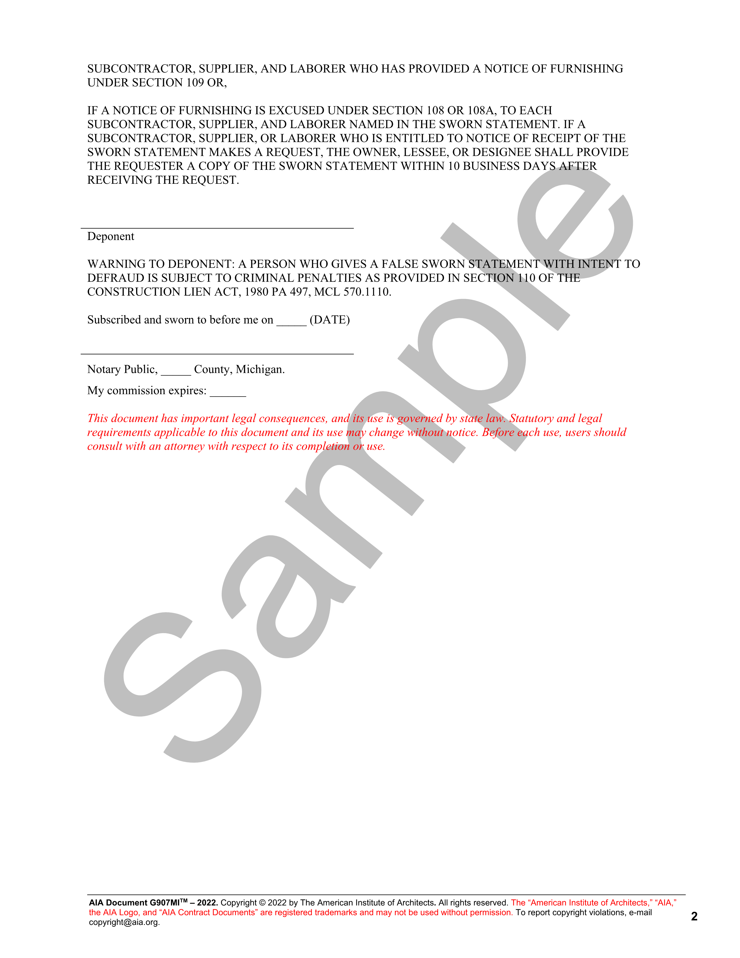G907MI-2022 Michigan Sworn Statement G907MI-2022 Michigan Sworn Statement